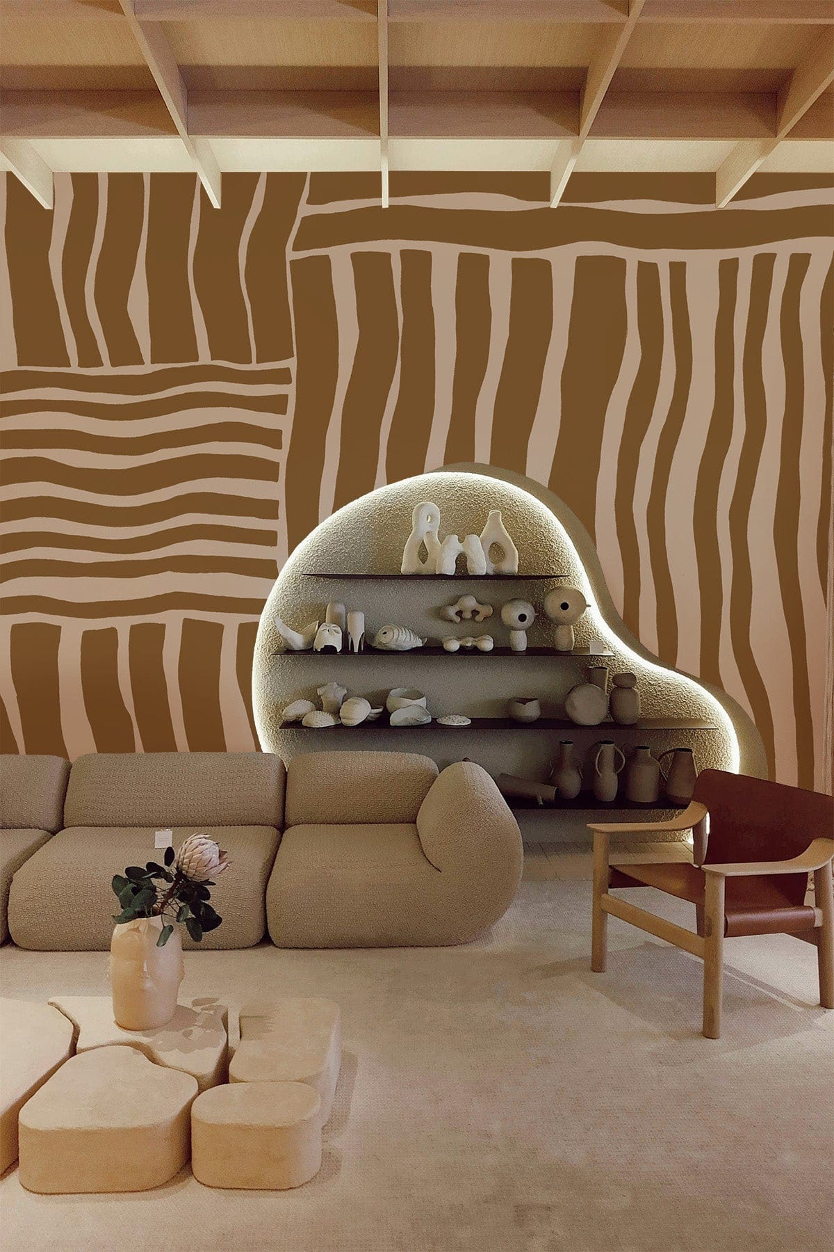 Linear Contrast | Wall mural with hand drawn lines in ochre – belarteSTUDIO