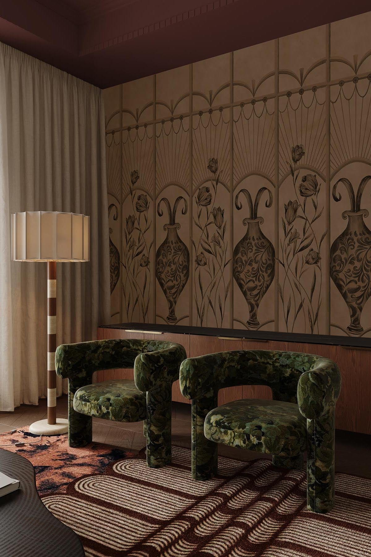 Botanical Deco Brown – Hand-Painted Art Deco Wall Mural – belarteSTUDIO